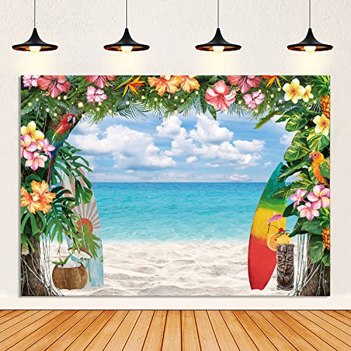 Summer Hawaiian Beach Backdrop Tropical Flowers Luau Photography Background Surfboard Blue Sky Ocean Palm Leaves Aloha Party Decorations Large Tiki Birthday Photo Booth Props