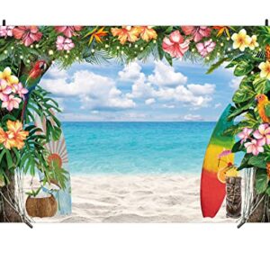 Summer Hawaiian Beach Backdrop Tropical Flowers Luau Photography Background Surfboard Blue Sky Ocean Palm Leaves Aloha Party Decorations Large Tiki Birthday Photo Booth Props