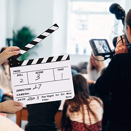 Flexzion Director Clapboard Film Movie Clapper Board Acrylic Plastic Dry Erase Stadio Camera TV Video Cut Action Scene Slate Board 10x12" with Black/White Sticks