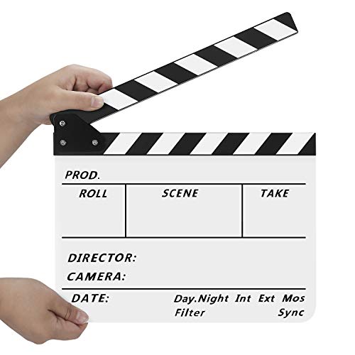 Flexzion Director Clapboard Film Movie Clapper Board Acrylic Plastic Dry Erase Stadio Camera TV Video Cut Action Scene Slate Board 10x12" with Black/White Sticks