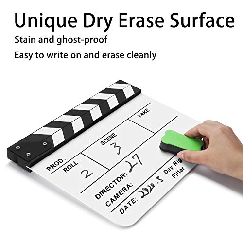 Flexzion Director Clapboard Film Movie Clapper Board Acrylic Plastic Dry Erase Stadio Camera TV Video Cut Action Scene Slate Board 10x12" with Black/White Sticks