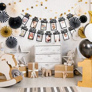 Whaline 1st Birthday Baby Photo Banner for Newborn to 12 Months, Monthly Milestone Photograph Bunting Garland, First Birthday Celebration Decoration (Black)