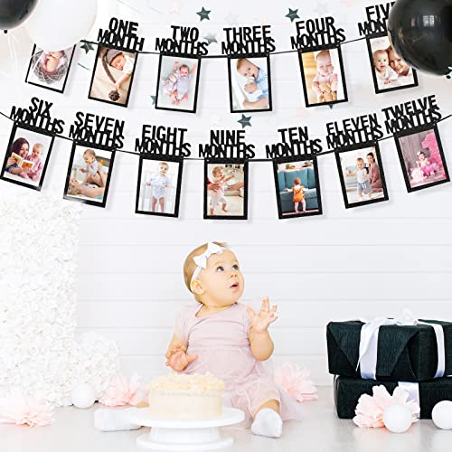 Whaline 1st Birthday Baby Photo Banner for Newborn to 12 Months, Monthly Milestone Photograph Bunting Garland, First Birthday Celebration Decoration (Black)