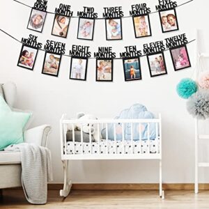 Whaline 1st Birthday Baby Photo Banner for Newborn to 12 Months, Monthly Milestone Photograph Bunting Garland, First Birthday Celebration Decoration (Black)