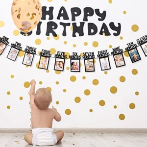 Whaline 1st Birthday Baby Photo Banner for Newborn to 12 Months, Monthly Milestone Photograph Bunting Garland, First Birthday Celebration Decoration (Black)