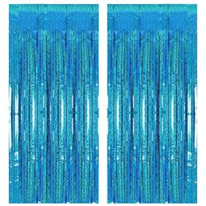 2 pack 3.2ft x 8.2ft blue foil fringe curtains photo backdrop party decorations, metallic tinsel foil fringe streamer curtains for party door wall curtains bachelorette christmas new year decorations