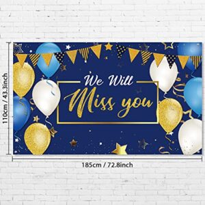 We Will Miss You Party Decorations, Extra Large Going Away Party Backdrop Miss You Photography Background Banner for Farewell Anniversary Retirement Graduation Party, 72.8 x 43.3 Inch (Blue)