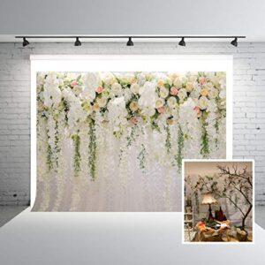 8x6ft Bridal Shower Large Wedding Floral Wall Backdrop PC Print White and Green Wisteria Rose Flowers Dessert Table Photo Booth for Photography XT-6749