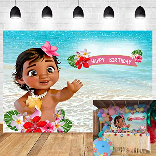 Moana Happy Birthday Backdrop Summer Beach Birthday Party Photography Background for Girl Baby Shower Kids Children Cake Table Decoration Supplies Banner 7x5FT