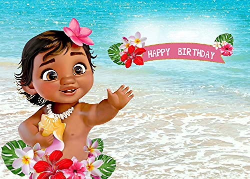 Moana Happy Birthday Backdrop Summer Beach Birthday Party Photography Background for Girl Baby Shower Kids Children Cake Table Decoration Supplies Banner 7x5FT