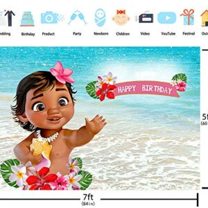 Moana Happy Birthday Backdrop Summer Beach Birthday Party Photography Background for Girl Baby Shower Kids Children Cake Table Decoration Supplies Banner 7x5FT