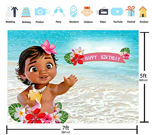 Moana Happy Birthday Backdrop Summer Beach Birthday Party Photography Background for Girl Baby Shower Kids Children Cake Table Decoration Supplies Banner 7x5FT