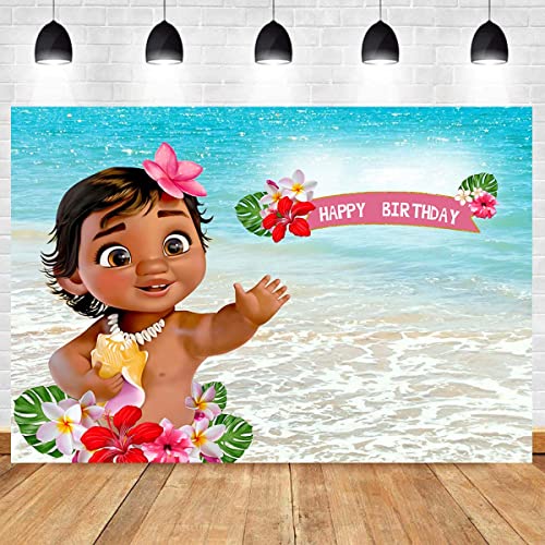 Moana Happy Birthday Backdrop Summer Beach Birthday Party Photography Background for Girl Baby Shower Kids Children Cake Table Decoration Supplies Banner 7x5FT