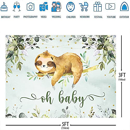 Ticuenicoa 5x3ft Sloth Baby Shower Backdrop Oh Baby Backdrops for Babyshower Party Green Leaves Jungle Animals Photo Background for Photography Kids Birthday Cake Table Decoration Gender Reveal Favors