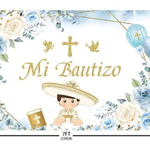 AIBIIN 7x5ft Mi Bautizo Backdrop Boy Baptism Christening Party Decorations Supplies Blue Floral Balloon Gold Cross Angel Photography Background First Holy Communion Mi Primera Banner Photo Shoot Props