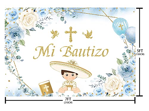 AIBIIN 7x5ft Mi Bautizo Backdrop Boy Baptism Christening Party Decorations Supplies Blue Floral Balloon Gold Cross Angel Photography Background First Holy Communion Mi Primera Banner Photo Shoot Props