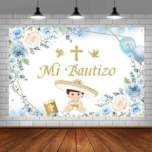 AIBIIN 7x5ft Mi Bautizo Backdrop Boy Baptism Christening Party Decorations Supplies Blue Floral Balloon Gold Cross Angel Photography Background First Holy Communion Mi Primera Banner Photo Shoot Props