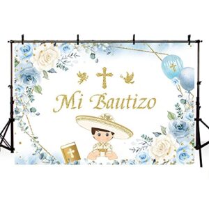 AIBIIN 7x5ft Mi Bautizo Backdrop Boy Baptism Christening Party Decorations Supplies Blue Floral Balloon Gold Cross Angel Photography Background First Holy Communion Mi Primera Banner Photo Shoot Props