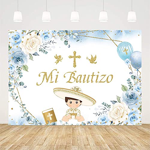 AIBIIN 7x5ft Mi Bautizo Backdrop Boy Baptism Christening Party Decorations Supplies Blue Floral Balloon Gold Cross Angel Photography Background First Holy Communion Mi Primera Banner Photo Shoot Props