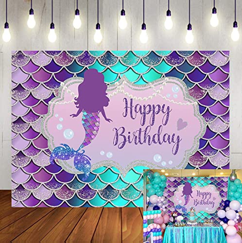 WR Mermaid Backdrop Under The Sea Blue Purple Mermaid Scales Birthday Photography Background for Girl Mermaid Princess Party Cake Table Decorations (7x5FT(Width 210cm x Height 150cm))