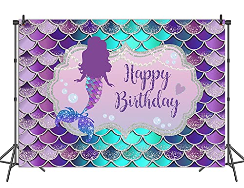 WR Mermaid Backdrop Under The Sea Blue Purple Mermaid Scales Birthday Photography Background for Girl Mermaid Princess Party Cake Table Decorations (7x5FT(Width 210cm x Height 150cm))