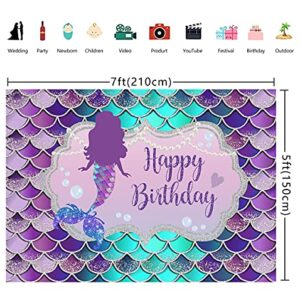 WR Mermaid Backdrop Under The Sea Blue Purple Mermaid Scales Birthday Photography Background for Girl Mermaid Princess Party Cake Table Decorations (7x5FT(Width 210cm x Height 150cm))