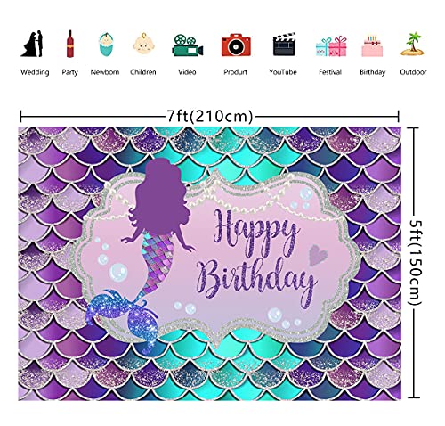 WR Mermaid Backdrop Under The Sea Blue Purple Mermaid Scales Birthday Photography Background for Girl Mermaid Princess Party Cake Table Decorations (7x5FT(Width 210cm x Height 150cm))