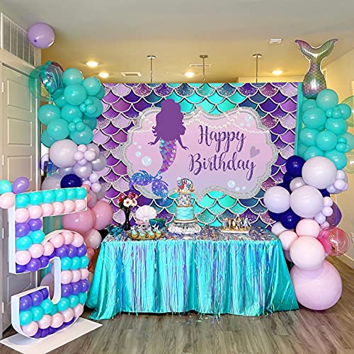 WR Mermaid Backdrop Under The Sea Blue Purple Mermaid Scales Birthday Photography Background for Girl Mermaid Princess Party Cake Table Decorations (7x5FT(Width 210cm x Height 150cm))