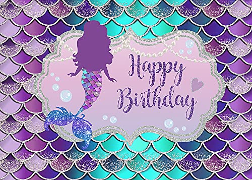 WR Mermaid Backdrop Under The Sea Blue Purple Mermaid Scales Birthday Photography Background for Girl Mermaid Princess Party Cake Table Decorations (7x5FT(Width 210cm x Height 150cm))