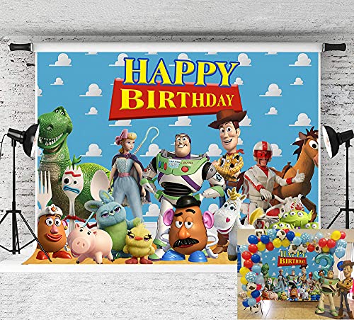 WRQ GCH 7x5ft Cartoon Toy Backdrop Blue Sky White Clouds Happy Birthday Party Decoration Toy Baby Shower Backdrop Cake Table Decoration