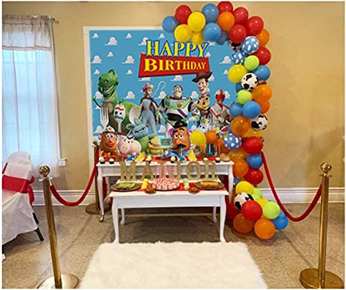 WRQ GCH 7x5ft Cartoon Toy Backdrop Blue Sky White Clouds Happy Birthday Party Decoration Toy Baby Shower Backdrop Cake Table Decoration