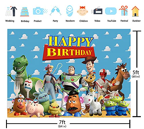 WRQ GCH 7x5ft Cartoon Toy Backdrop Blue Sky White Clouds Happy Birthday Party Decoration Toy Baby Shower Backdrop Cake Table Decoration