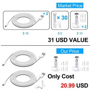 2 Pack Wall Mount for Wyze Cam Pan Security Camera with 16.4FT Charging Cable, for Wyze Cam Pan v2 Mounting Kit Including Charging Cord, 360 Degree Adjustable Ceiling Mount and 30 Wire Clips