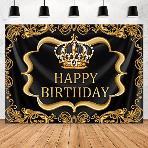 Aperturee Black and Gold Happy Birthday Backdrop 7x5ft Little Baby Boy Prince King Crown Photography Background Celebration Party Decoration Supplies Cake Table Banner Photo Booth Prop