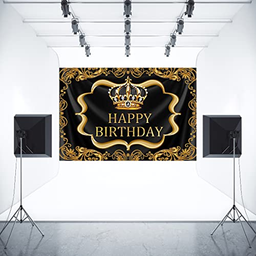 Aperturee Black and Gold Happy Birthday Backdrop 7x5ft Little Baby Boy Prince King Crown Photography Background Celebration Party Decoration Supplies Cake Table Banner Photo Booth Prop