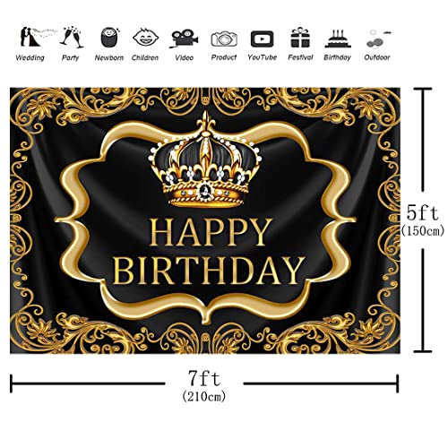 Aperturee Black and Gold Happy Birthday Backdrop 7x5ft Little Baby Boy Prince King Crown Photography Background Celebration Party Decoration Supplies Cake Table Banner Photo Booth Prop