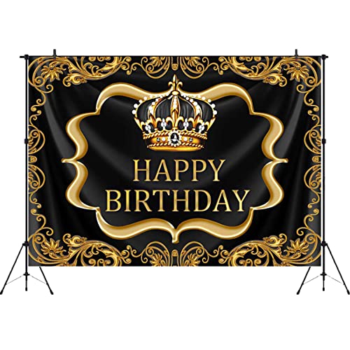 Aperturee Black and Gold Happy Birthday Backdrop 7x5ft Little Baby Boy Prince King Crown Photography Background Celebration Party Decoration Supplies Cake Table Banner Photo Booth Prop