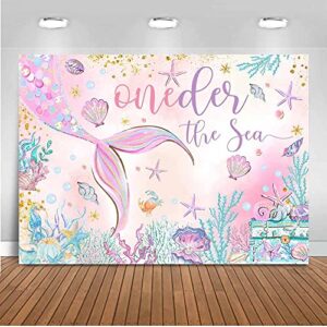 mocsicka oneder the sea 1st birthday backdrop 7x5ft pink mermaid under the sea happy first birthday party decorations for girls starfish shell seaweed photography background