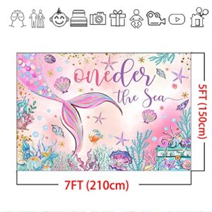 Mocsicka Oneder The Sea 1st Birthday Backdrop 7x5ft Pink Mermaid Under The Sea Happy First Birthday Party Decorations for Girls Starfish Shell Seaweed Photography Background