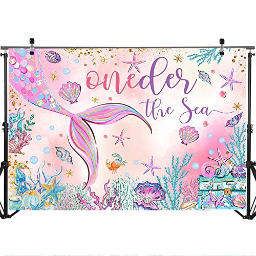 Mocsicka Oneder The Sea 1st Birthday Backdrop 7x5ft Pink Mermaid Under The Sea Happy First Birthday Party Decorations for Girls Starfish Shell Seaweed Photography Background