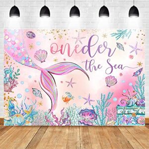 Mocsicka Oneder The Sea 1st Birthday Backdrop 7x5ft Pink Mermaid Under The Sea Happy First Birthday Party Decorations for Girls Starfish Shell Seaweed Photography Background