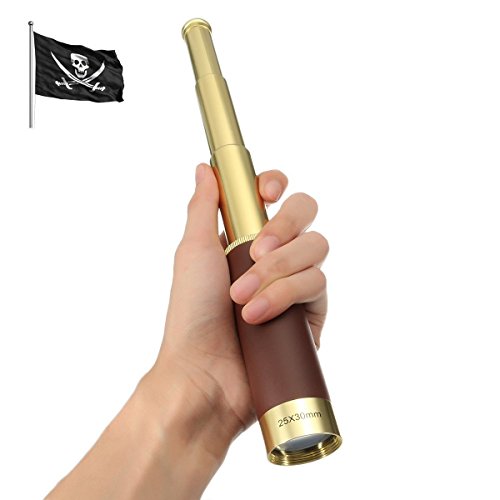 NewDoar 25x30 Zoomable Monocular Vintage Pirate Telescope - Waterproof Aluminum Alloy Brass Adjustable Optics Telescope for Travel Navigation Sailing Voyage View Watching Games(Gold)