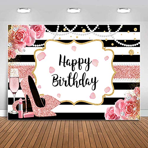 Sensfun 7x5ft Pink Floral Happy Birthday Backdrop for Women Glitter Rose Gold High Heel Champagne Photography Background Black White Stripes Decoration for Girl Sweet Birthday Party Banner Photo Booth