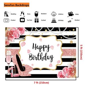 Sensfun 7x5ft Pink Floral Happy Birthday Backdrop for Women Glitter Rose Gold High Heel Champagne Photography Background Black White Stripes Decoration for Girl Sweet Birthday Party Banner Photo Booth