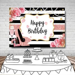 Sensfun 7x5ft Pink Floral Happy Birthday Backdrop for Women Glitter Rose Gold High Heel Champagne Photography Background Black White Stripes Decoration for Girl Sweet Birthday Party Banner Photo Booth