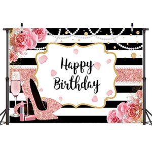 Sensfun 7x5ft Pink Floral Happy Birthday Backdrop for Women Glitter Rose Gold High Heel Champagne Photography Background Black White Stripes Decoration for Girl Sweet Birthday Party Banner Photo Booth