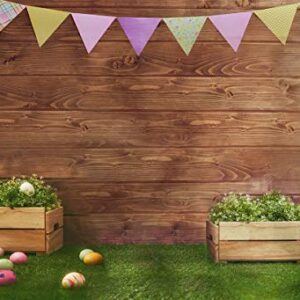 Easter Backdrops for Photography Fabric Backdrop Rustic Grass Ground Colorful Flag Backdrops for Children,Studio,Party Brown Wood Wall Photo Studio Shooting 7x5ft