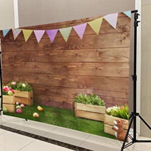 Easter Backdrops for Photography Fabric Backdrop Rustic Grass Ground Colorful Flag Backdrops for Children,Studio,Party Brown Wood Wall Photo Studio Shooting 7x5ft