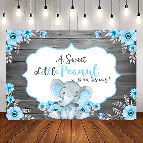 Avezano 7x5ft Little Peanut Backdrop for Boy Baby Shower Party Background Blue Elephant and Floral Backdrops A Little Peanut is On The Way Baby Shower Supplies