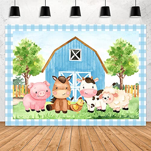 Aperturee 7x5ft Cartoon Farm Animals Photography Backdrop Blue Barn Barnyard Baby Shower Happy Birthday Photography Background Newborn Party Decoration Banner Photo Booth Cake Table Supplies